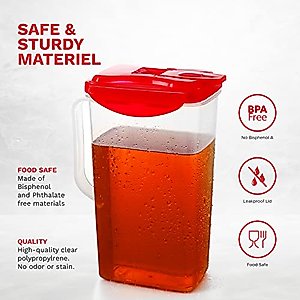 Pitcher 50 Oz. | Plastic Pitcher with Lid | Jug for Fridge | Juice Container with Lid | Iced Tea Pitcher | Airtight Pitcher with Spout Perfect for Lemonade, Water. BPA Free, Red (Small))
