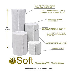 Premium Elastic Bandage Wrap (3" Wide, 6 Pack) - Made of USA Grown Cotton - Hook & Loop Fastener at One End - GT Latex Free Hypoallergenic Compression Roll for Sprains & Injuries
