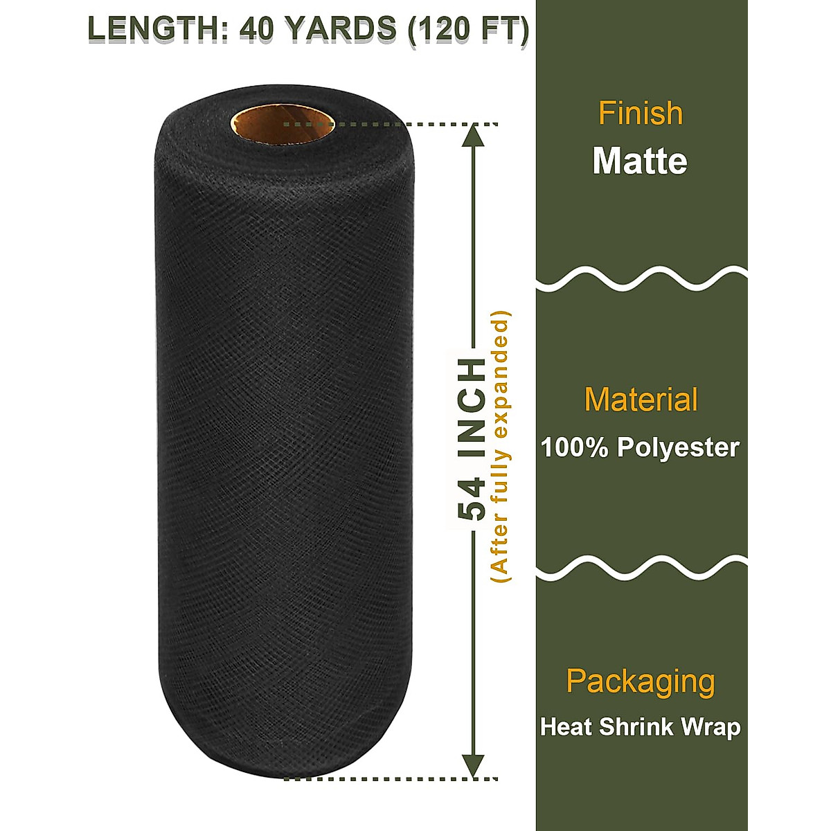 Tulle Fabric Roll, 54 Inch by 40 Yards Sheer Fabric Netting Matte Mesh Bolt for DIY Wedding Decorations, Gift Wrapping, Baby Shower, Tutu Skirt, Halloween Crafts, Christmas Party Supplies (Black)