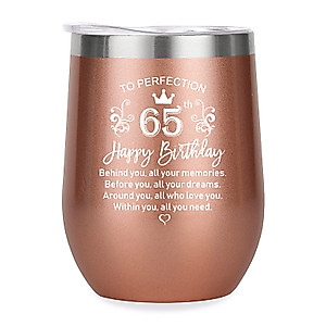65th Birthday Gifts for Women, Happy 65th Birthday Decorations for Her, Funny 65 Year Old Birthday Gift Ideas for Woman, Mom, Sister, Grandma, Friends - 12oz Stainless Steel Insulated Wine Tumbler