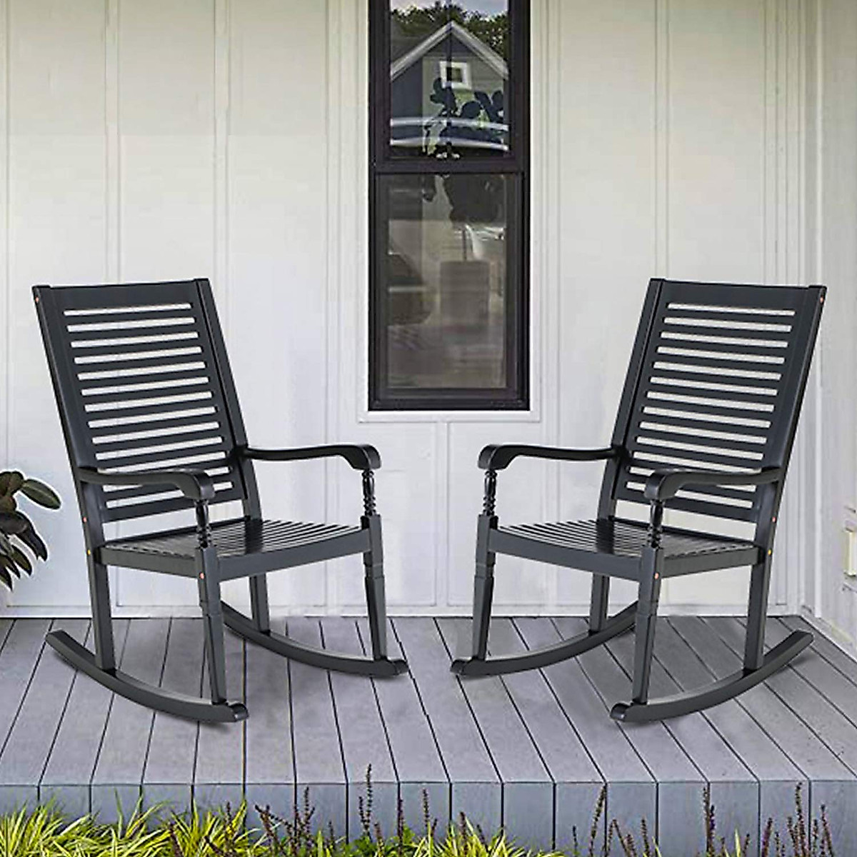 PHI VILLA Outdoor Rocking Chairs Set of 2, Acacia Wood Rocker Chairs for Patio, Deck, Balcony or Porch, 30° Safe Recline Support 350lbs - Black