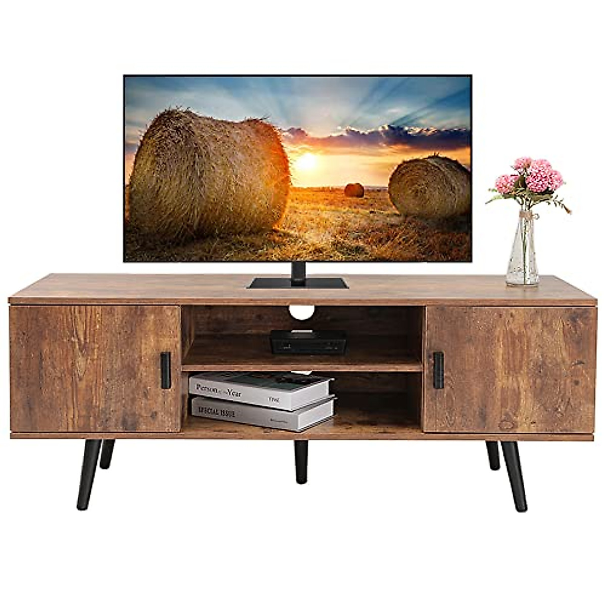 Iwell Mid-Century Boho Coffee Table & TV Stand with Storage for Living Room,Cocktail Table, TV Table, Rectangular Sofa Table, Office Table, Elegant Functional Table, Rustic Brown