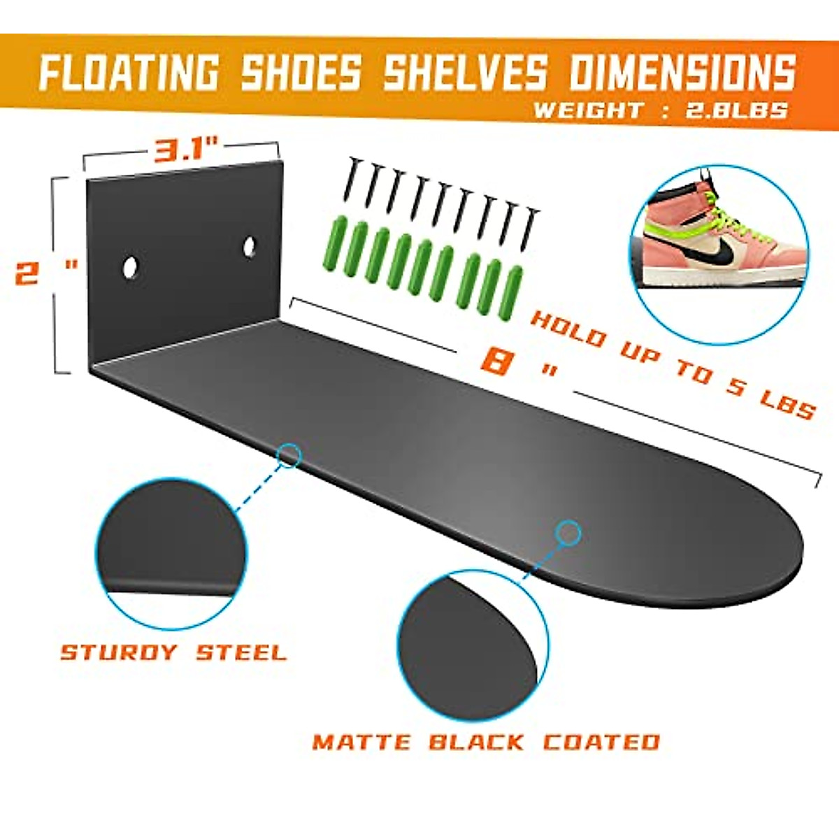 Floating Shoe Display Shelf 6 Packs Shoe Sneaker Display Shelf Wall Mounted Metal Round Edge Sneaker Rack Organizer Holder Sneaker Wall Hanger Sneaker Shelves Wall Mounted to Display Collectible Shoe