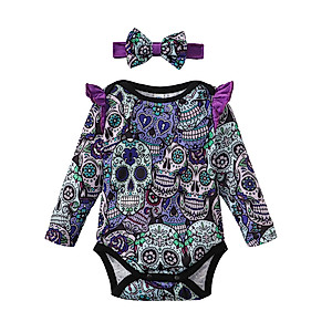 LYSMuch Newborn Baby Girl Outfits Skull Print Baby Jumpsuit Halloween Long Sleeve (3-6 Months, Purple)