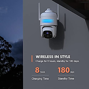 Dzees 2K Security Cameras Wireless Outdoor WiFi, Siren Alarm Spotlight Outdoor Camera Wireless Battery Powered, 360° PTZ Camera, AI Motion Detection, 2-Way Talk, Color Night Vision, IP66, Cloud/SD