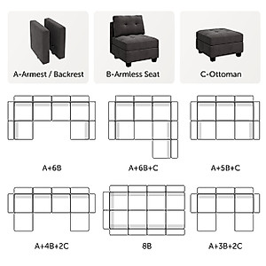 HONBAY Armrest Backrest Module for Velvet Modular Sectional Sofa, Grey