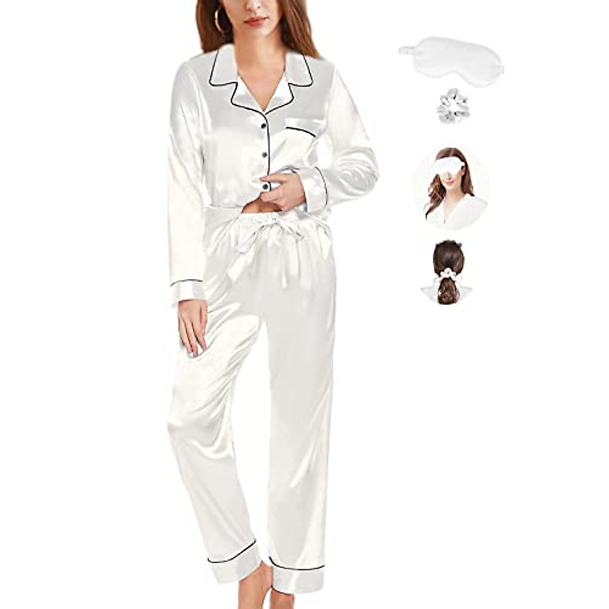 WJing Yi Jia Womens Pajama Set Silk Satin Pajamas Long 2pc Pjs Button Down Sleepwear Pj Set Loungewear