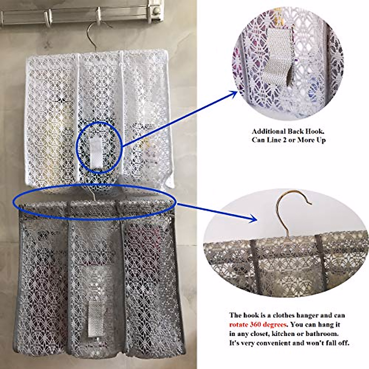 FVLFIL Hanging Lace Mesh Shower Caddy College with Hooks & 3 Pockets, Bath Baskets Organizer Storage for College Dorm Rooms, Gym, Swimming and Travel (White)