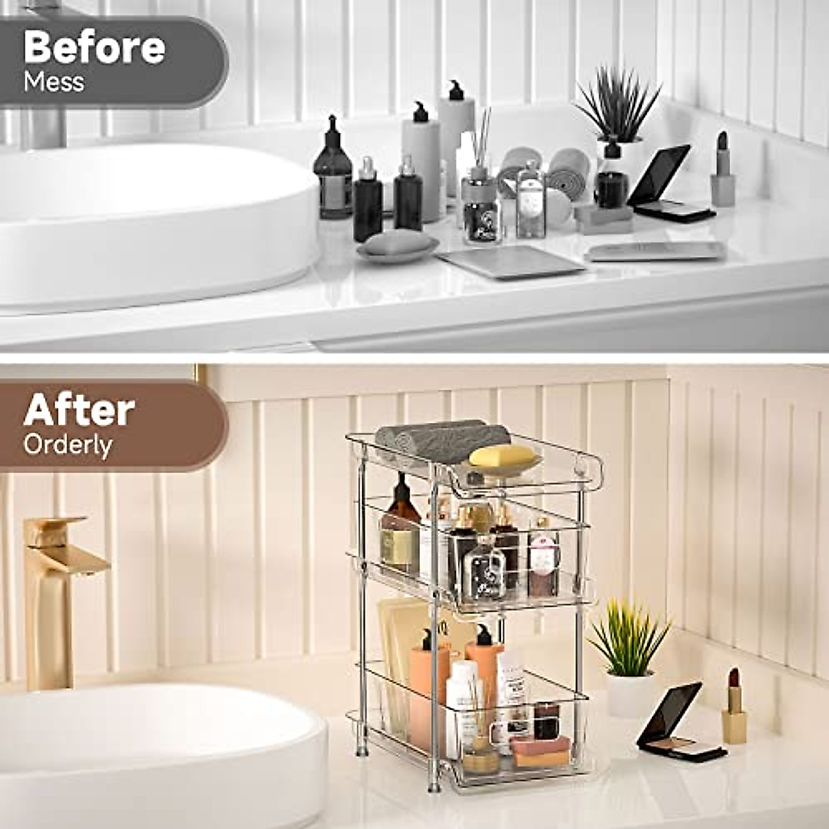 2Set 3 Tier Clear Bathroom Organizer with Dividers, Pull-Out Pantry Organization and Storage, Multi-Purpose Under Sink Organizers and Storage, Vanity Skincare Cosmetic Closet Organizer Medicine Bins