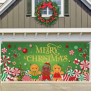 Christmas Candy Garage Door Decoration Merry Christmas Garage Door Banner Cover Peppermint Candy Cane Gingerbread Man Garage Backdrop for Xmas Eve Holiday Outdoor Wall Decor, 7 x 16 ft