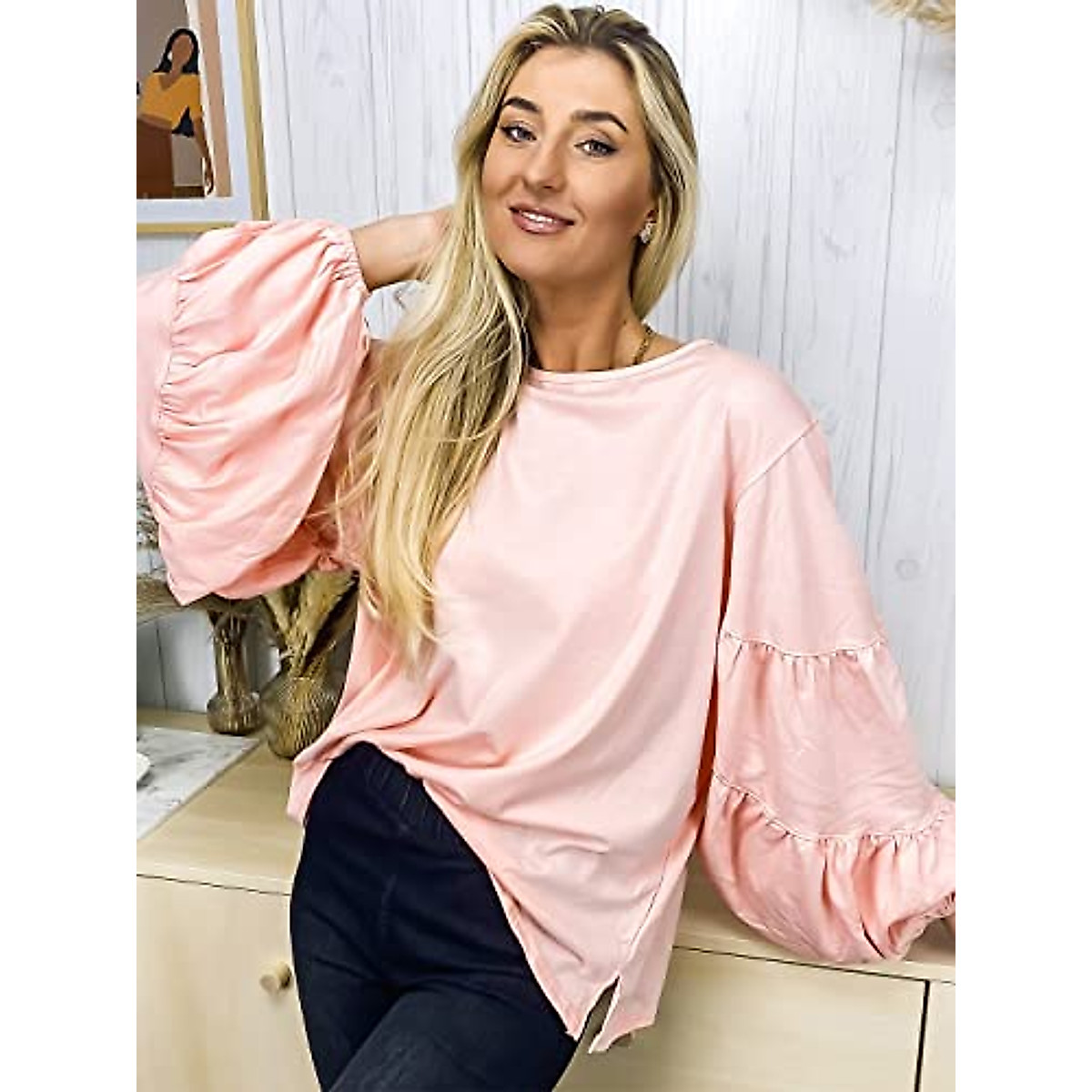 Anna-Kaci Womens Long Lantern Sleeve Soft Loose Baggy Tops T-Shirt Pullover, Rose, Small