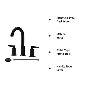 KINGO HOME Widespread Matte Black 3 Hole Bathroom Faucet, 2 Handle Black Bathroom Sink Faucet Modern Vanity Faucet with Supply Hoses, Pop Up Drain Stopper for Bathroom Sink