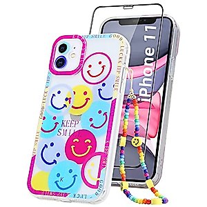 Yebowe [3 in 1] Cute Smiley Face Case for iPhone 11 with Screen Protector+ Beaded Phone Charm, Soft TPU Clear Aesthetic Protective Cover Happy Smile Face Design for Women Girls