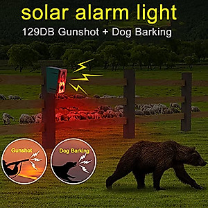 Aolyty Solar Warning Lights with Remote Control, 129DB Sound Solar Strobe Alarm Light Volume Adjustable 3 Modes Motion Sensor Security Light Waterproof for Home Farm Barn Yard Orchard