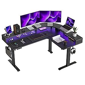 FEZIBO Triple Motor L Shaped Stadning Desk with LED Strip & Power Outrlets，63 inches Height Adjustable Stand up Corner Desk with Ergonomic Monitor Stand, Black Frame/Black Top