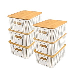 Plastic Storage Baskets with Lid - Plastic Storage Containers Stackable Storage bins: Storage Baskets for Organizing Shelves Drawers Desktop Closet Playroom Classroom Office (BAMBOO LID, WHITE)