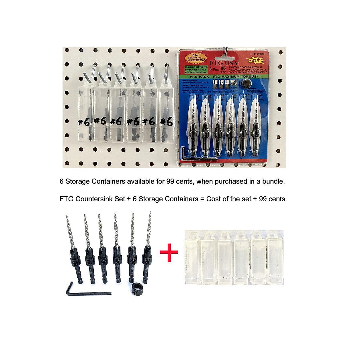 FTG USA Countersink Drill Bit Set 6 Pc #6 (9/64") Wood Countersink Drill Bit Pro Pack Countersink Set, with 3 Replacement Tapered Countersink Bit #6(9/64"), 1 Stop Collar, Hex Wrench