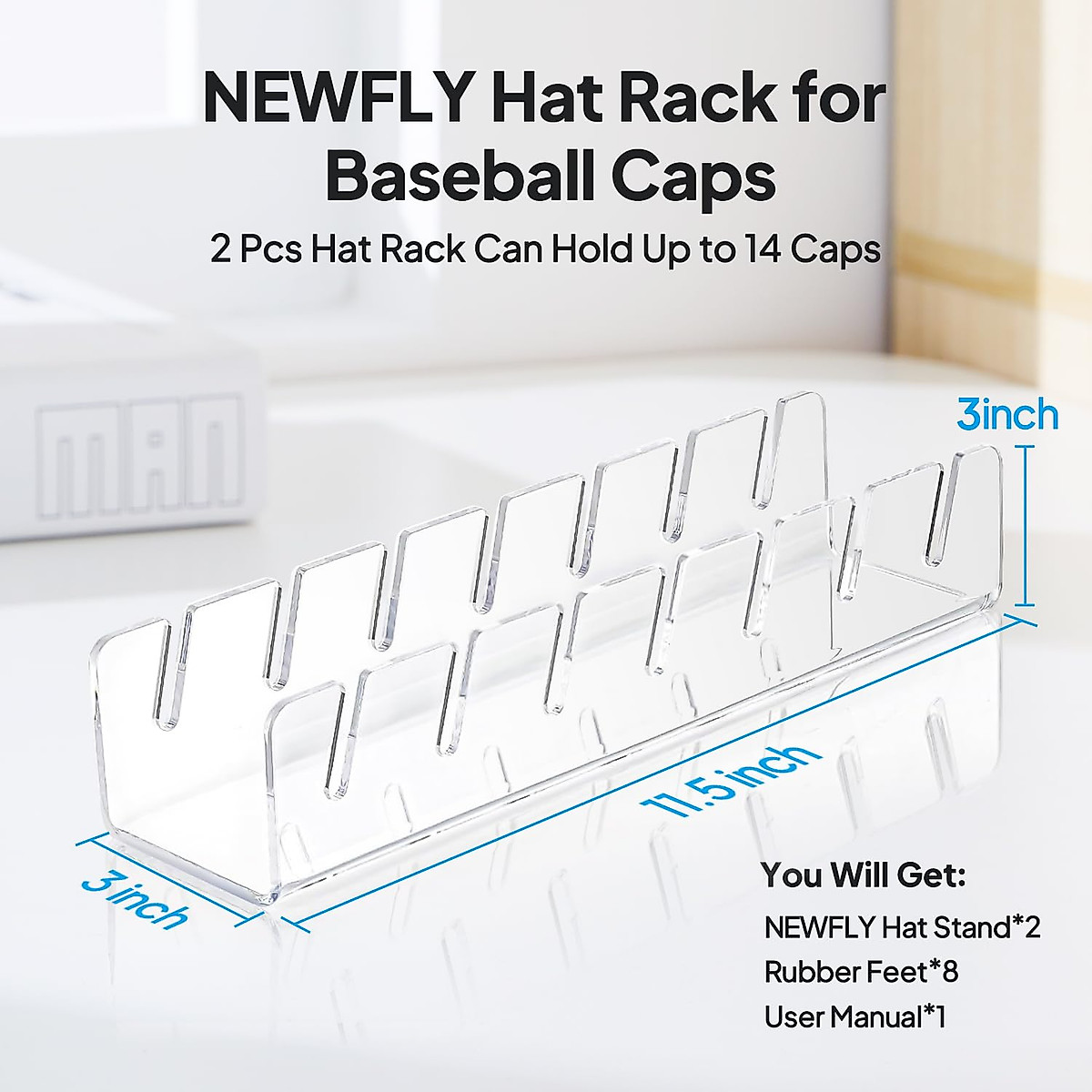 NEWFLY Hat Stand for Baseball Caps, 2 PCS Acrylic Hat Organizer for 14 Caps, No Install Baseball Hat Rack Hat Storage Holder, Hat Oragnizer Shelf Display for Closet Bedroom Dresser(Clear)