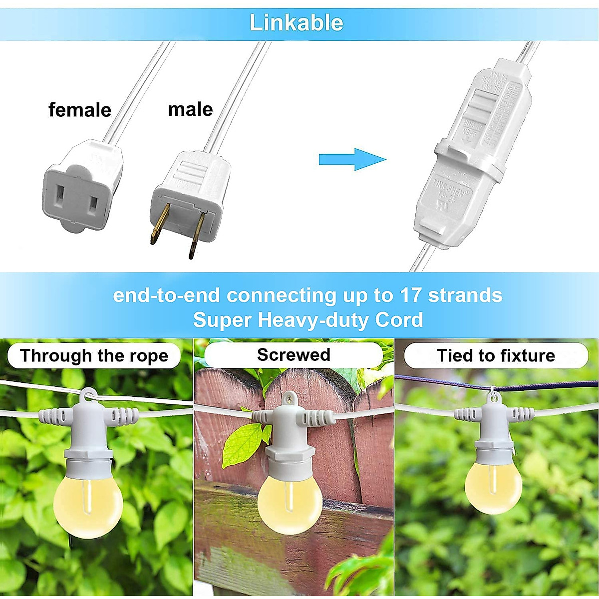 WOOLZ 50FT Led Outdoor Patio Lights with 24+1(Spare) 1W Dimmable Shatterproof G40 Bulbs, Waterproof Outdoor String Lights for Garden, Bistro, Cafe, Pergola and Porch.