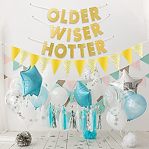 Older Wiser Hotter Birthday Banner, Funny Birthday Decorations for Adults Party Decorations, Happy Birthday Sign Birthday Decorations for Women Men, 30th 40th 50h 60th 70th Birthday Decor Supplies