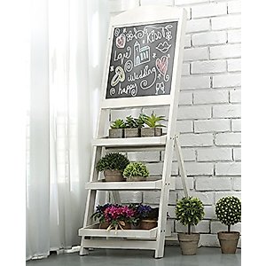 MyGift Vintage White Wood Sidewalk A Frame Chalkboard Sign Stand with 3 Display Shelves