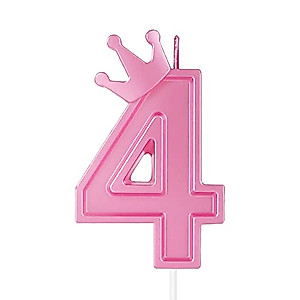 3inch Birthday Number Candle, 3D Candle Cake Topper with Crown Cake Numeral Candles Number Candles for Birthday Anniversary Parties (Pink; 4)