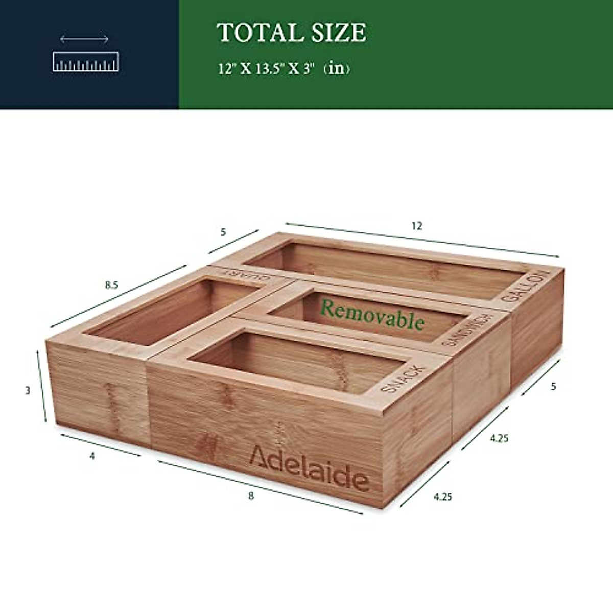 Adelaide Ziplock Bag Storage Organizer For Kitchen Drawer, Bamboo Baggie Holder, Compatible With Ziploc, Solimo, Glad, Hefty For Gallon, Quart, Sandwich And Snack Variety Size Bags(4 Piece Set)