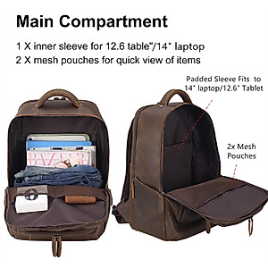 Masa Kawa Vintage Leather 15.6" Laptop Computer Backpack for Men Large Business Travel Weekender Bag Casual Rucksack Camping Daypack, Brown