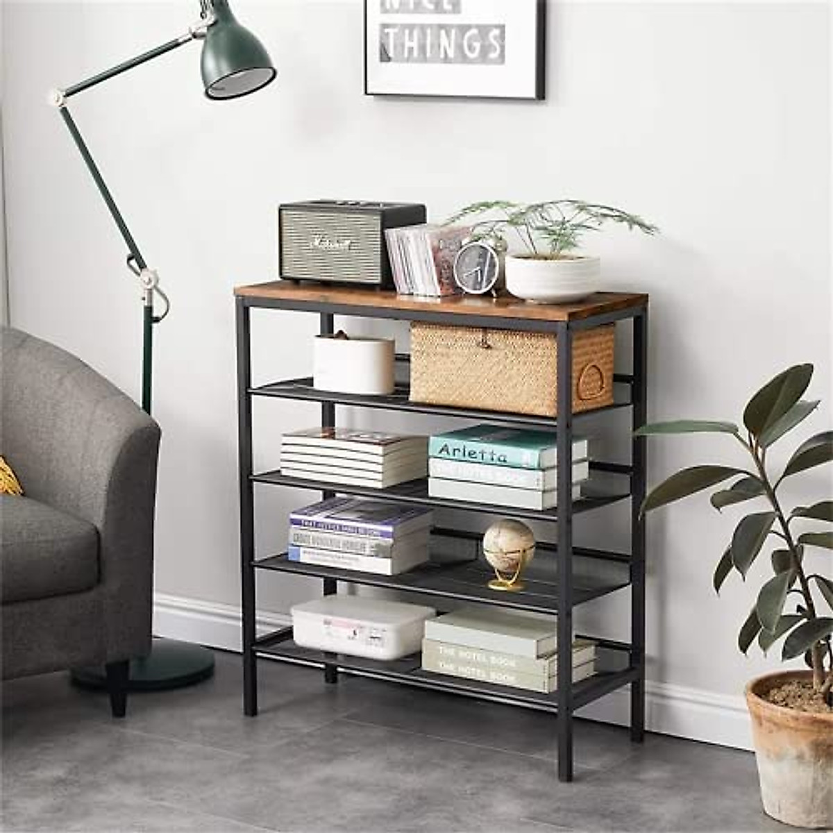 MIERES 5-Tier Shoe Rack, Industrial Shoe Storage Organizer with 4 Metal Mesh Shelves, Sturdy and Easy Assembly, Perfect for Entryway/Hallway/Closet/Bedroom, Rustic Brown, 29.5”l x11.8 ”w x 33.5”h