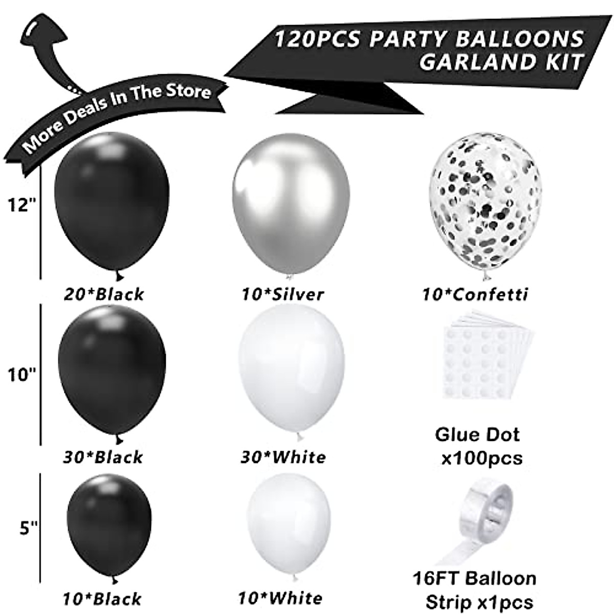 NISOCY Black Silver White Confetti Balloons Arch Kit, 120 PCS 12in 10in 5in Latex Balloons Garland Arches Kit for Birthday, Wedding, Anniversary, Celebrations Party Decoration