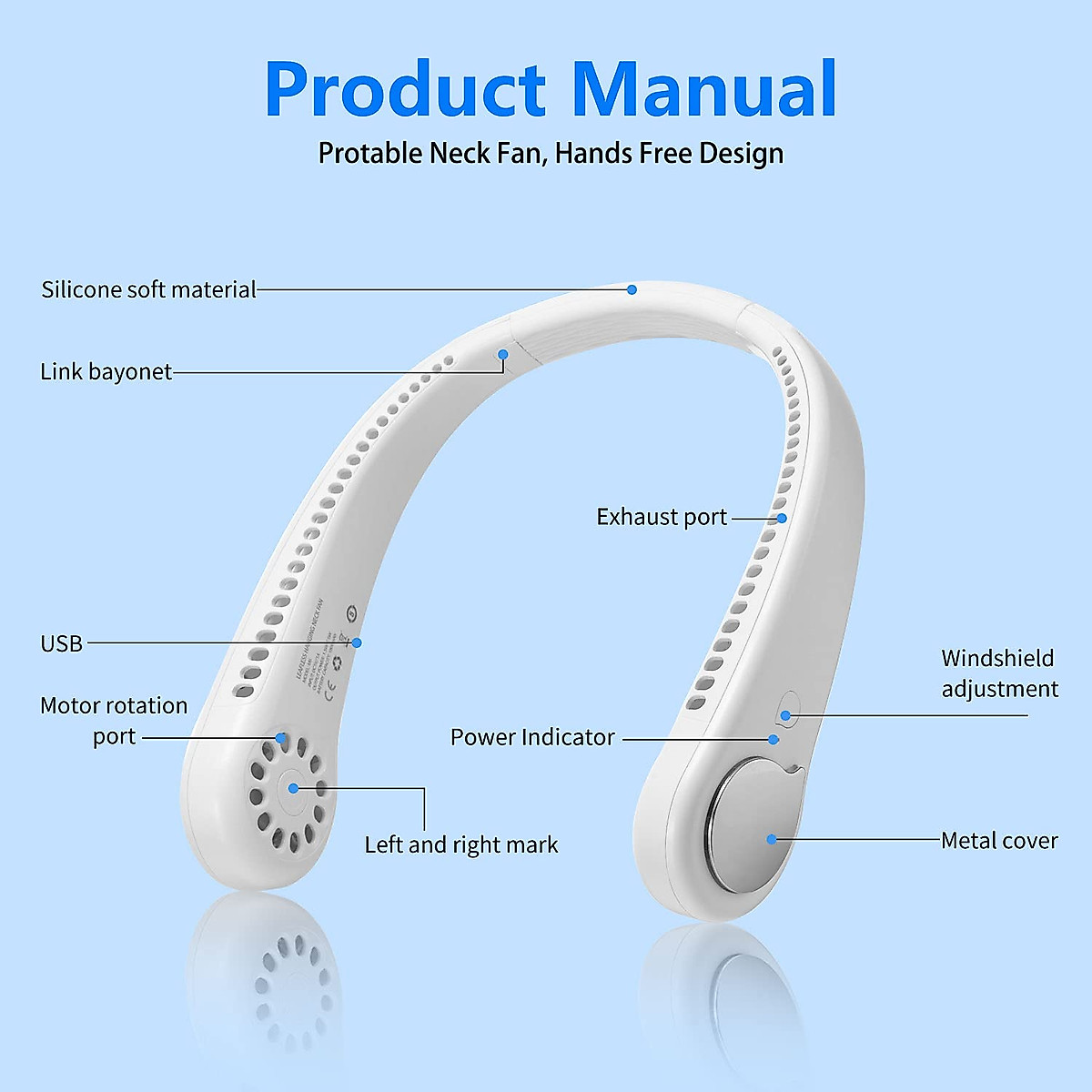 ASZKJ Neck Fan, Portable Neck Fan Rechargeable Headphone Design 3 Speeds Personal Wearable Neck Fant for Home, Office, Travel, Sport, Outdoor