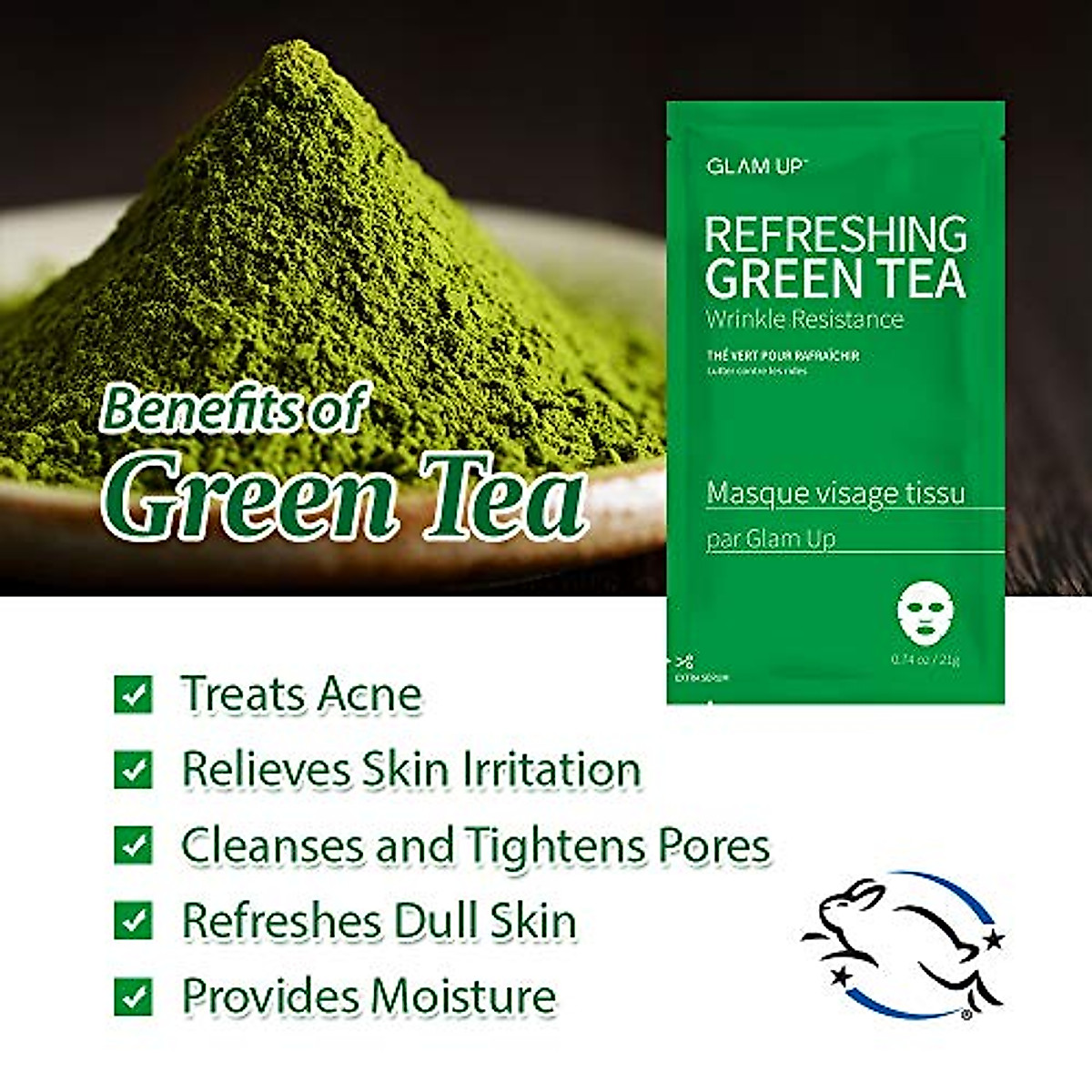 GLAM UP Sheet mask Refreshing Green Tea (10 sheets) - Revitalize Dull Skin. Dark Circle Fighter Nature made Freshly packed Daily Skin Therapy Original K-Beauty Recipe x 10ea