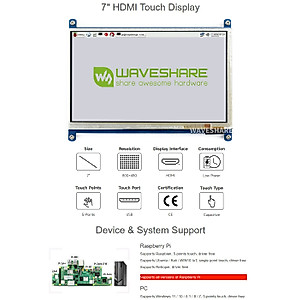 waveshare 7inch Capacitive Touch Screen LCD Compatible with Raspberry Pi 4B/3B+/3A+/2B/B+/A+/Zero/Zero W/WH/Zero 2W CM3+/4 800×480 Resolution HDMI Low Power Consumption Supports Windows