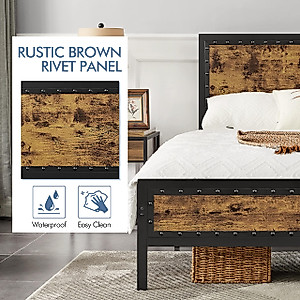 Yaheetech Full Bed Frame Metal Bed with Rivet Design Wooden Headboard&Footboard, Modern Rustic Style/No Box Spring Needed/Easy Assembly, Rustic Brown Full Bed