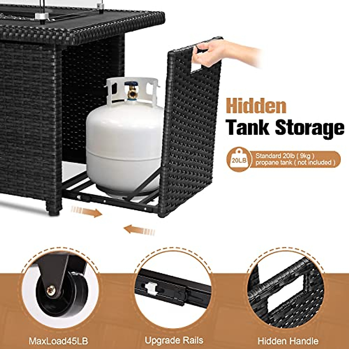 44 in Propane Gas Fire Table Auto-Ignition 50,000BTU， Rectangle Woven Rattan Fire Pit for Outside Patio Garden Deck & Backyard，with Lid and Blue Glass Beads, Glass Wind Guard,CSA Approved(Black)