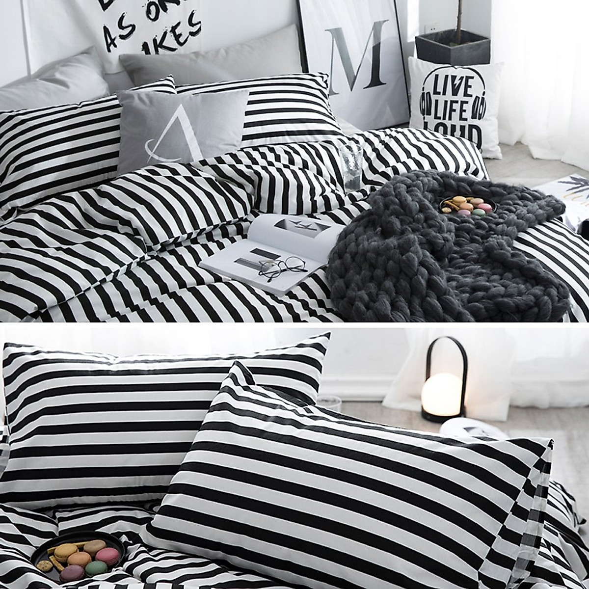CLOTHKNOW Striped Queen Comforter Set 3Pcs Black White Bedding Comforter Sets Farmhouse Comforter Queen with 2 x Pillowcases