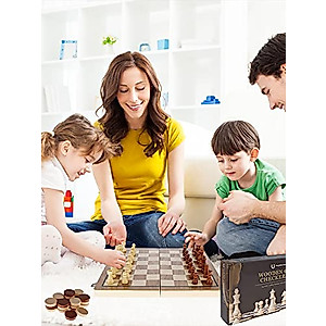 BA1 56Pcs Chess and Checkers Set Chess Game Set Wooden 2-in-1 Board Game Magnetic Travel Chess Board Game Portable Board Games Accessories with Drawstring Storage Pouch for Kids Adults BA1