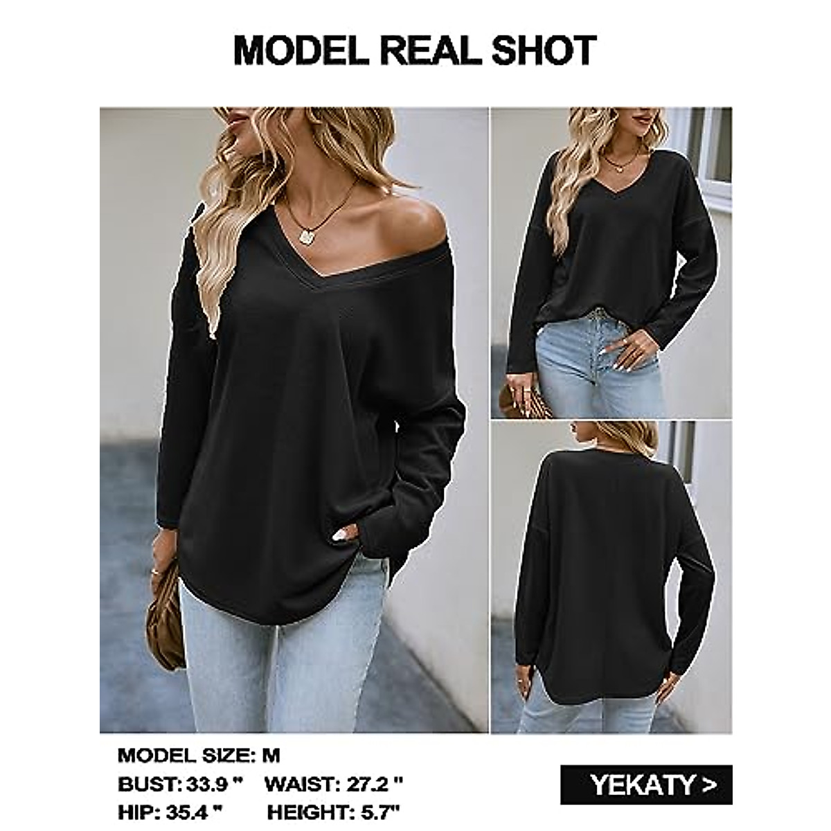 Womens Casual Waffle Knit Loose Long Sleeve Shirts V Neck Pullover Sweater Tops Fall Outfits Black
