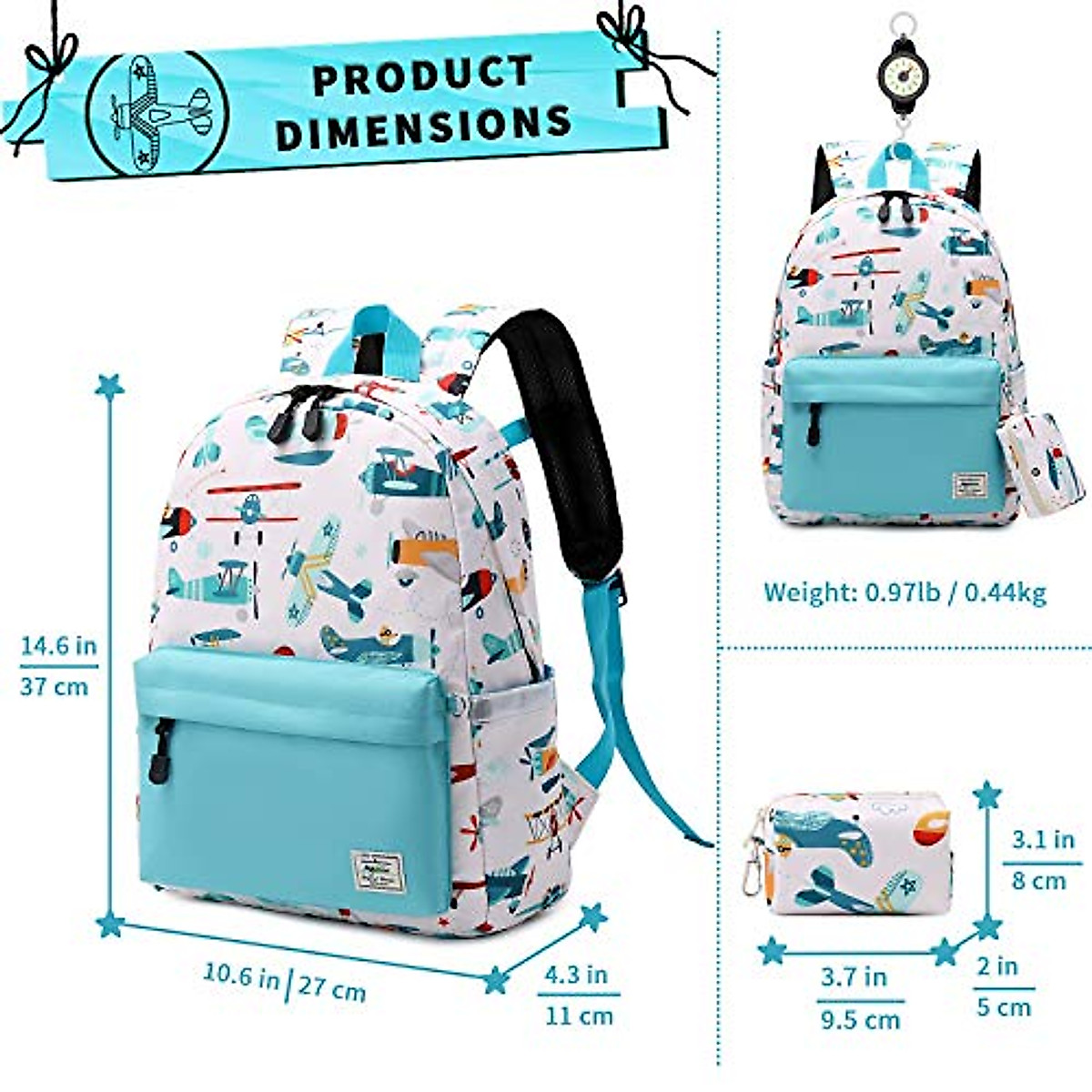 Mairle Little Kids Backpack Preschool Kindergarten School Bag for Boys and Girls with Chest Strap, Glider Print, White/Light Blue