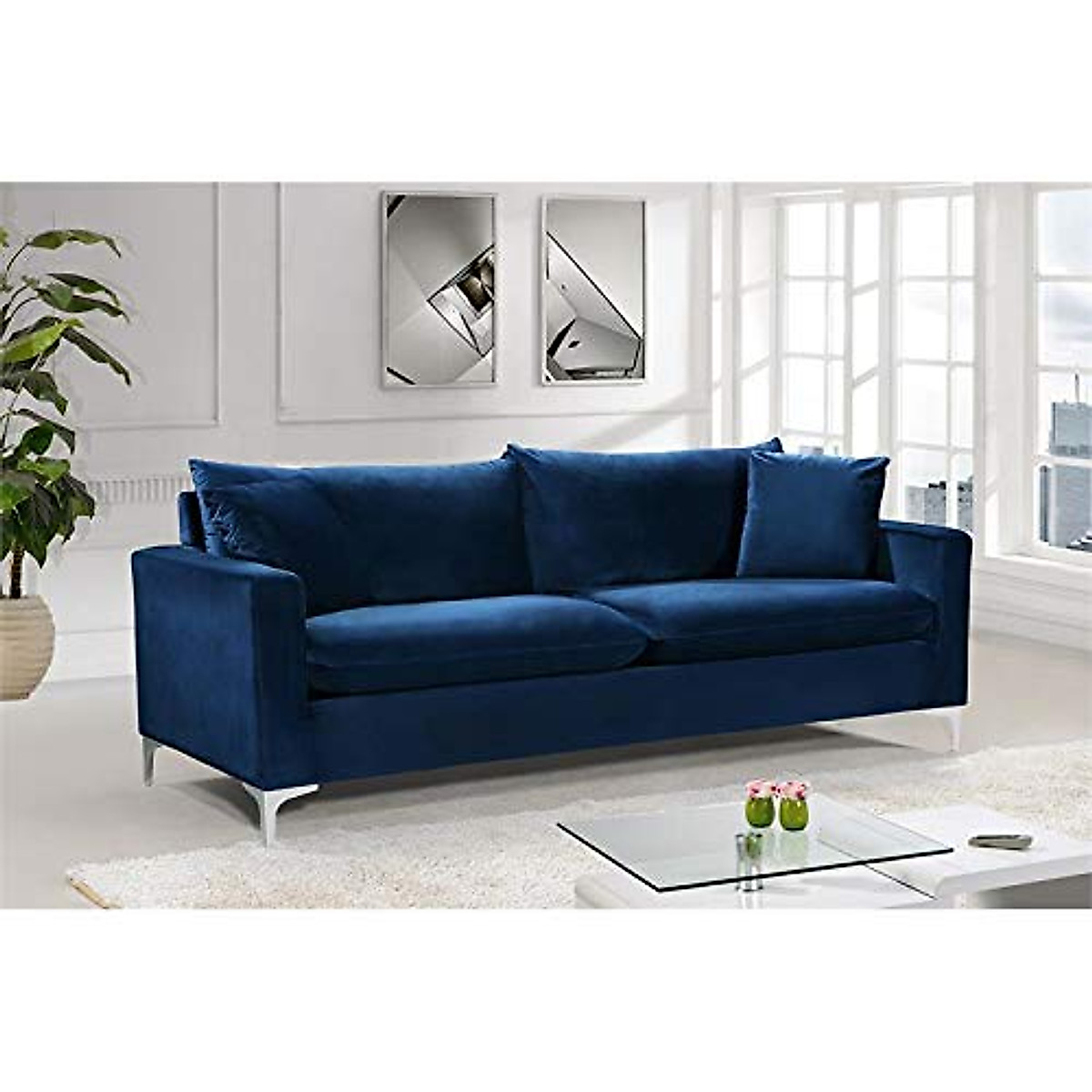 Meridian Furniture Naomi Collection Stainless 1 Modern | Contemporary Velvet Upholstered Sofa with Stainless Steel Base in a Rich Gold or Chrome Finish, Navy