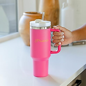 Princess 40 Oz Tumbler with Handle and Straw - Insulated Stainless Steel Water Bottle Fits in Car Cup Holder - Double Walled Water Bottles with Lid - Princess Gifts - Gifts for Girls
