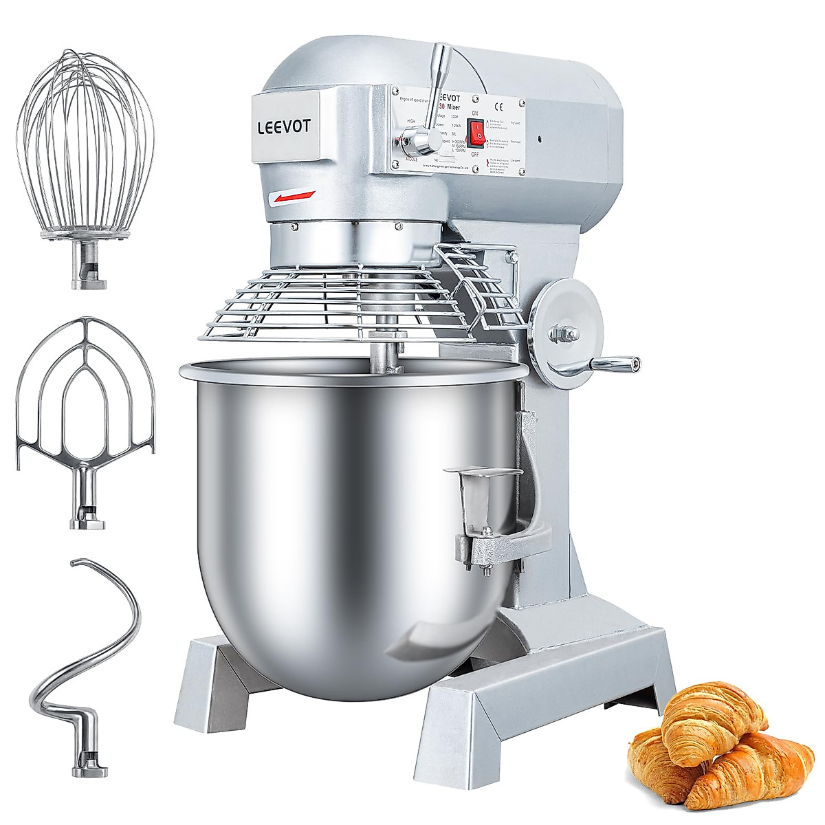 LEEVOT 30Qt Commercial Food Mixer, Commercial Dough Mixer 1250W 3-Speeds Adjustable, Heavy Duty Electric Stand Mixer with Stainless Steel Bowl for Kitchenaid and Pizzeria (Simple)