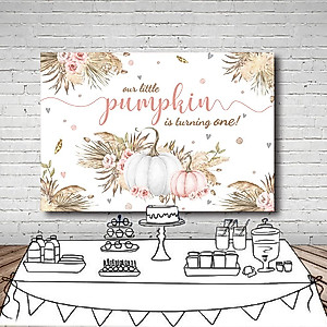 MEHOFOND 7x5ft Fall Pumpkin 1st Birthday Backdrop Boho Pink Floral Our Little Pumpkin is Turning One Banner Fall Autumn First Birthday Photography Background Cake Table Smash Photo Props