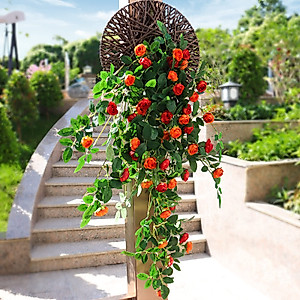 RIDDSEE Artificial Hanging Flowers Rose with Basket - Fake Silk Floral Hanging Ivy Greenery Faux Flower Long Vines for Wall Home Room Garden Wedding Indoor Outdoor Decoration (Orange)