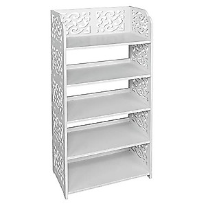 LeeMas White Wood Plastic Shoe Cabinet Carved Shoe Rack White Chic Hollow Shoe Tower Baroque Free Standing Shoes Storage Organizer Closet Shelves Holder Container (16.54 x 9.45 x 31.5), 5 Tiers