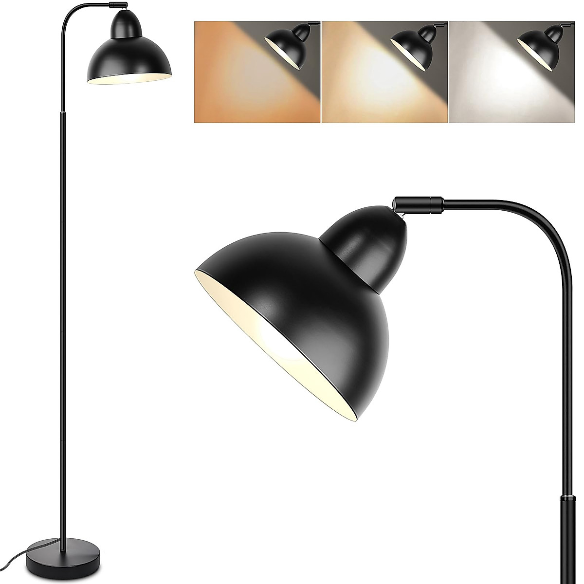 Feathmoo Industrial Floor Lamp with Black Metal Lampshade Floor Lamps for Reading, Minimalist Standing Lamps LED Light with 350° Adjustable Standard Tall Sofa Lamp for Living Room, Bedroom, Office