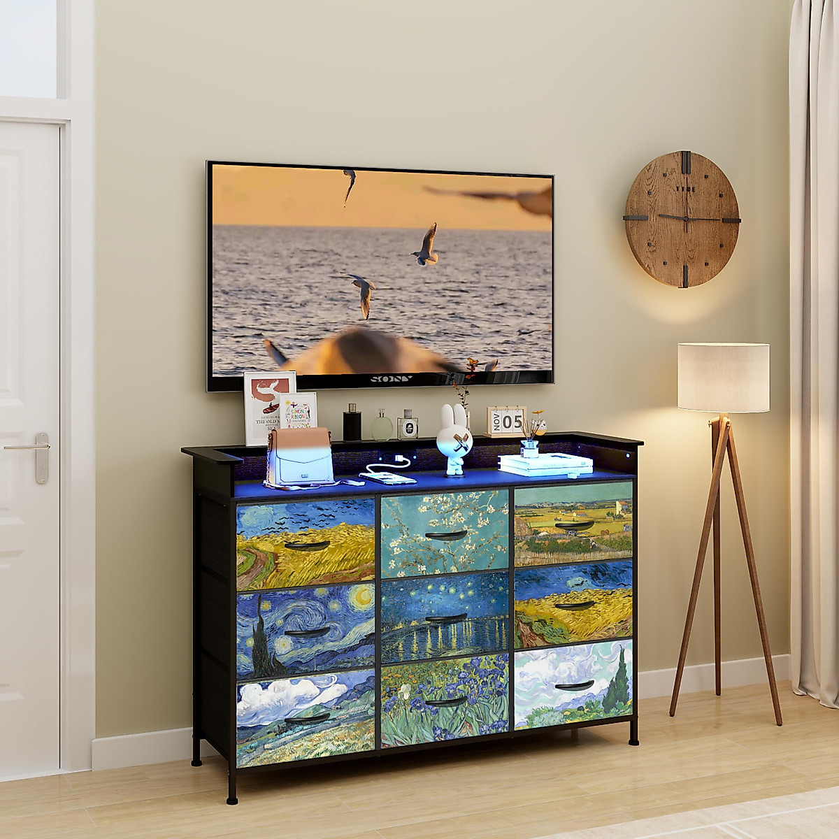 Welfuturer Dresser for Bedroom with 9 Drawers Van Gogh Dressers & Chest of Drawers Fabric Clothes Drawer Fabric Closet Organizer for Living Room Entryway Closet Nursery Sturdy Steel Frame Wood Top