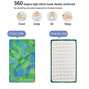 Polygons Themed Fitted Mini Crib Sheets,Portable Mini Crib Sheets Soft & Stretchy Fitted Crib Sheet-Baby Crib Sheets for Girl or Boy,24“ x38“,Green and Sea Blue