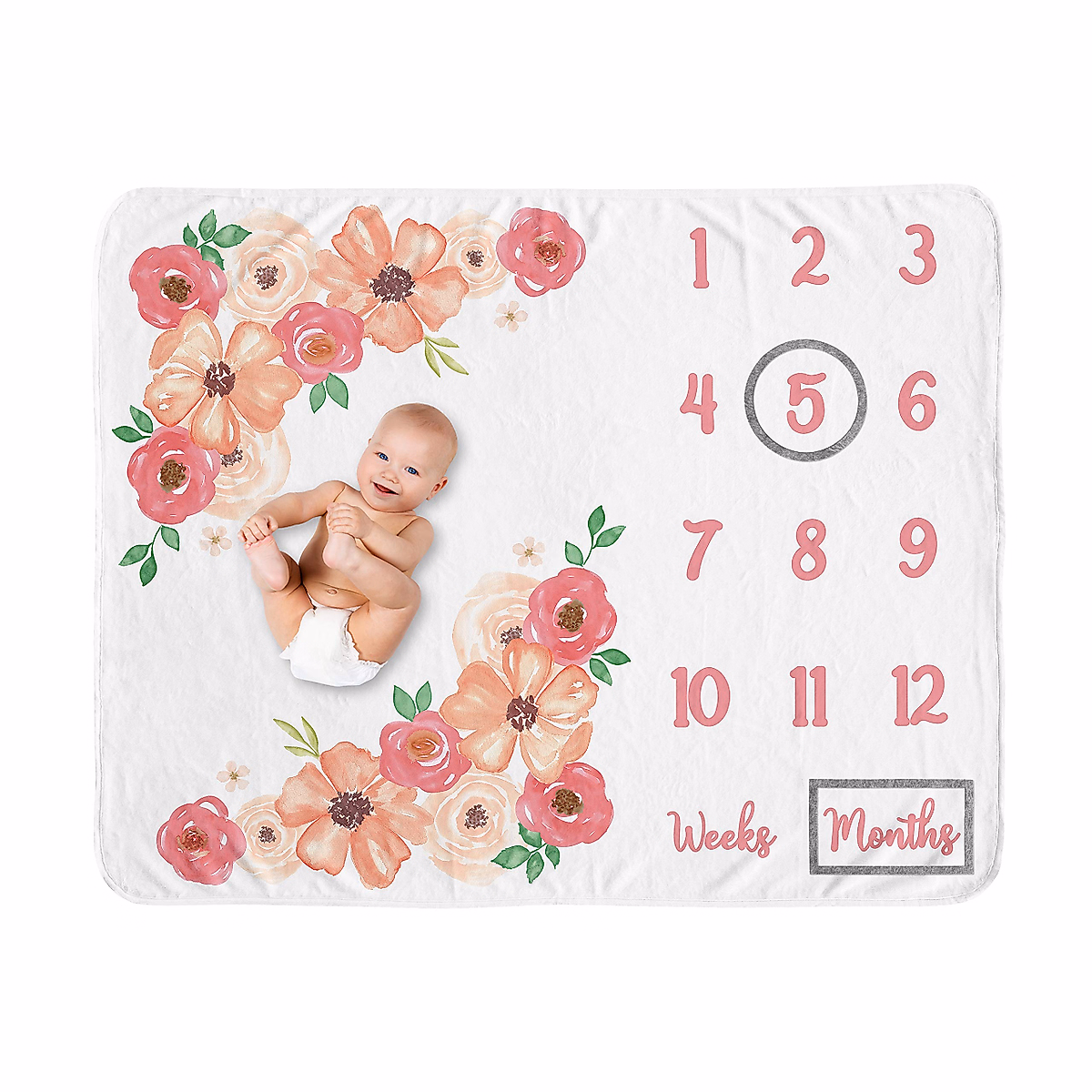 Sweet Jojo Designs Watercolor Floral Girl Milestone Blanket Monthly Newborn First Year Growth Mat Baby Shower Memory Keepsake Gift Picture - Peach and Green Boho Shabby Chic Rose Flower
