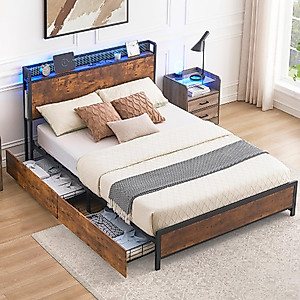 IDEALHOUSE Full Size Bed Frame with Storage Drawers and Charging Station, LED Light Full Bed Frame with Storage Headboard, Metal Platform Bed with Strong Wood Slats Support, No Box Spring Needed
